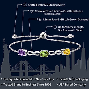 Gem Stone King 925 Sterling Silver Customized and Personalized 3 Gemstone Birthstone and White Lab Grown Diamond Tennis Infinity Bracelet For Women (2.27 Cttw, Adjustable up to 9 Inches)