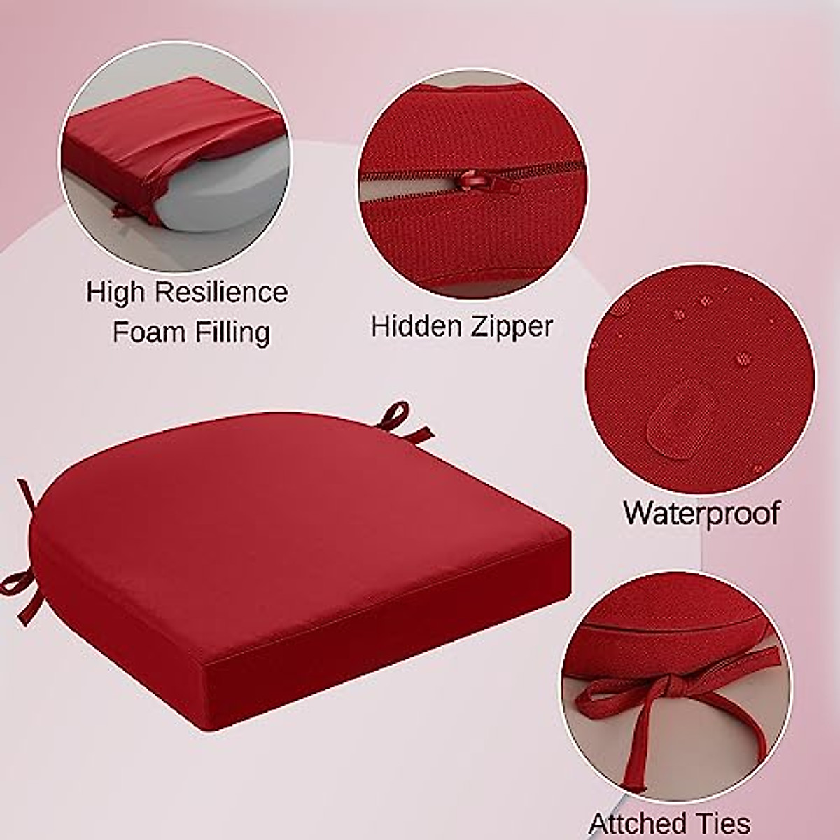idee-home Outdoor Chair Cushions Set of 4, Thick 3" Patio Chair Cushions for Outdoor Furniture Waterproof with Ties, Outdoor Seat Cushion 17" x 16" x 3" Red
