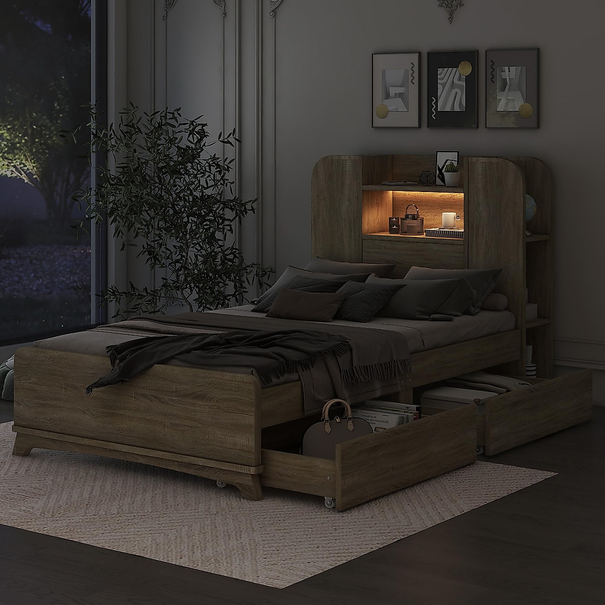 HoRunzelin Twin Size Platform Bed with Storage Bookcase Headboard,2 Drawers and LED Light,Wooden Bed Frame with Bookshelf Shelves for Kids Boys Girls, Natural