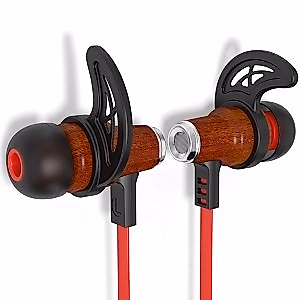 Symphonized NRG Bluetooth Wireless Wood in-Ear Noise-isolating Headphones, Earbuds, Earphones with Mic & Volume Control (Red)