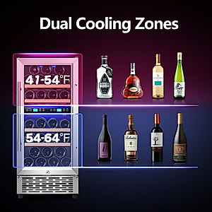 Karcassin Dual Zone 15 Inch Wine Cooler, 28 Bottle Wine Fridge with Stainless Steel Tempered Glass Door, Fit Red & White Wine, Built-in or Freestanding