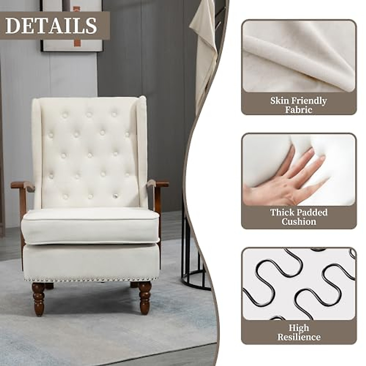 MOONMISS Mid-Century Accent Chair - Velvet Accent Chair with Wood Frame, Comfy Accent Chair with Soft Seat for Living Room, Bedroom, Office, Beige