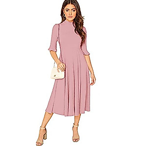 Verdusa Women's Elegant Ribbed Knit Bell Sleeve Fit and Flare Midi Dress Pink L