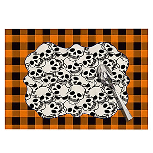 Zando Halloween Placemats Set of 4 Halloween Square Placemats for Out/Indoor Dining Table Halloween Waterproof Placemats Fall Placemats Evil Skull Pattern 12 * 18 Inch Halloween Kitchen Decor