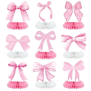 Pink Bow Party Honeycomb Centerpieces Decorations, 9Pcs Coquette Birthday Decorations, Pink Bow decorations for Birthday Bachelorette Bridal Party Decor