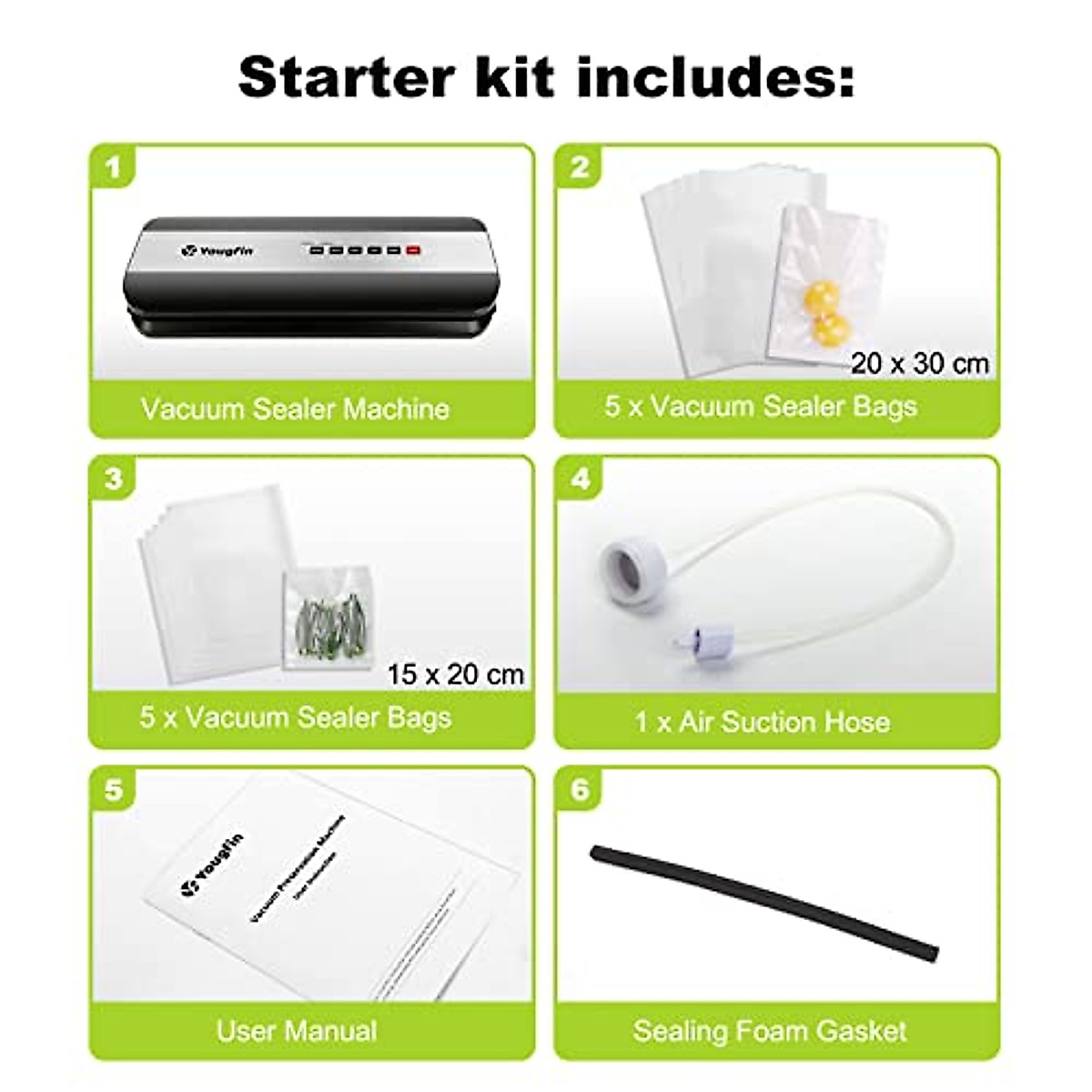 Yougfin Vacuum Sealer Machine, Dry & Moist Food Sealer with 6-in-1 Easy Operations for Food Storage and Sous Vide, Automatic Sealer Machine with 10 Sealer Bags, Touch Screen Design