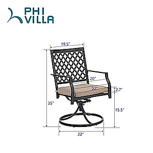 PHI VILLA Outdoor Metal Swivel Chairs Set of 2 Patio Dining Chair with Cushion Furniture Set for Garden Backyard Bistro, Small Grid, Black