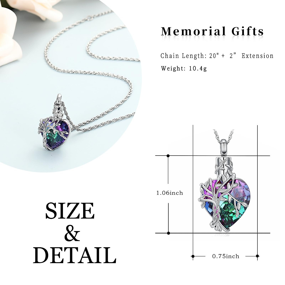 shajwo Tree of Life Cremation Heart Urn Ashes Necklace for Women Men Cremation Crystals Ash Pendant Loved One Memorial Jewelry,Silver-Purple Green
