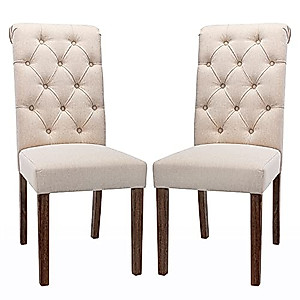 COLAMY Tufted Dining Room Chairs Set of 2, Accent Parsons Diner Chairs Upholstered Fabric Side Stylish Kitchen Chairs with Solid Wood Legs and Padded Seat - Beige