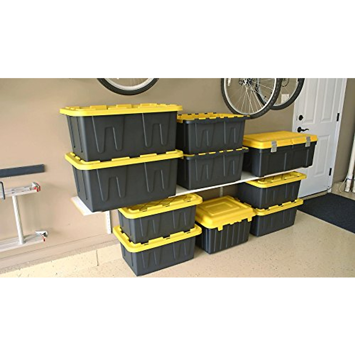 HOMZ 27 Gallon Durabilt Tough Storage Container, Black Base, Yellow Lid, Stackable, 4-Pack