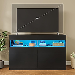 BTHFST 8 Drawer Dresser for Bedroom with RGB Lights & Power Outlet, 47" W Double Dresser with Open Shelves, Modern No Handle Chest of Drawers for Closet, Black