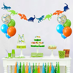 Dinosaur Balloons 40 Pack, 12 Inch Orange Light Blue Fruit Green Latex Balloons with Confetti Balloon for Baby Shower Dino Jungle Jurassic Birthday Party Decorations Supplies with Ribbon
