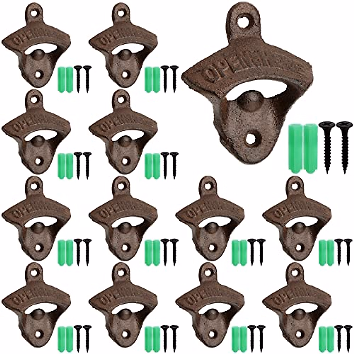 Tebery 12 Pack Cast Iron Wall Mounted Bottle Opener with Screws for Beer Cap Coke Bottle