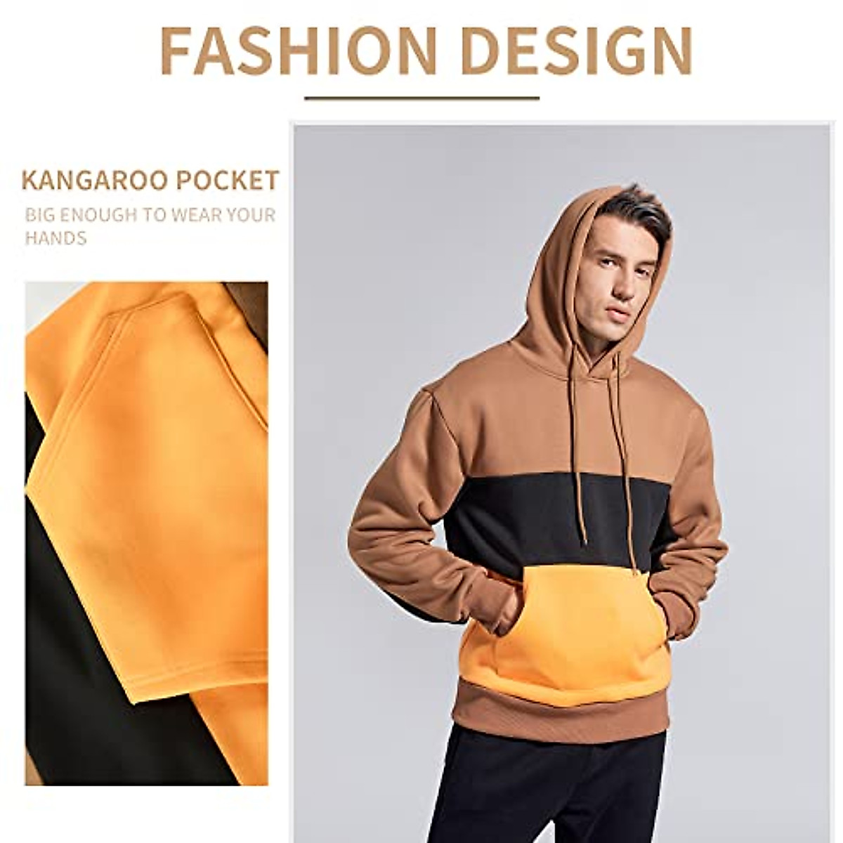 Rusaevon Men's Fleece Pullover Hoodie Sweatshrits Drawstring Hooded Color Block Hoody for Men with Kangaroo Pocket Brown X-Large