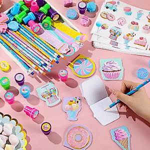PerKoop 168 Pcs Ice Cream Party Favors Include Mini Notebook Sticker Pencil Stationery Gift Set Sweet One Party Favor Supply for Candyland Donuts Birthday Decoration Classroom Reward Stuffer Filler