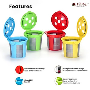 DeliBru Reusable K Cups for Keurig Supreme and K Supreme Coffee Maker - Pack of 4 [Red, Yellow, Green, Blue]