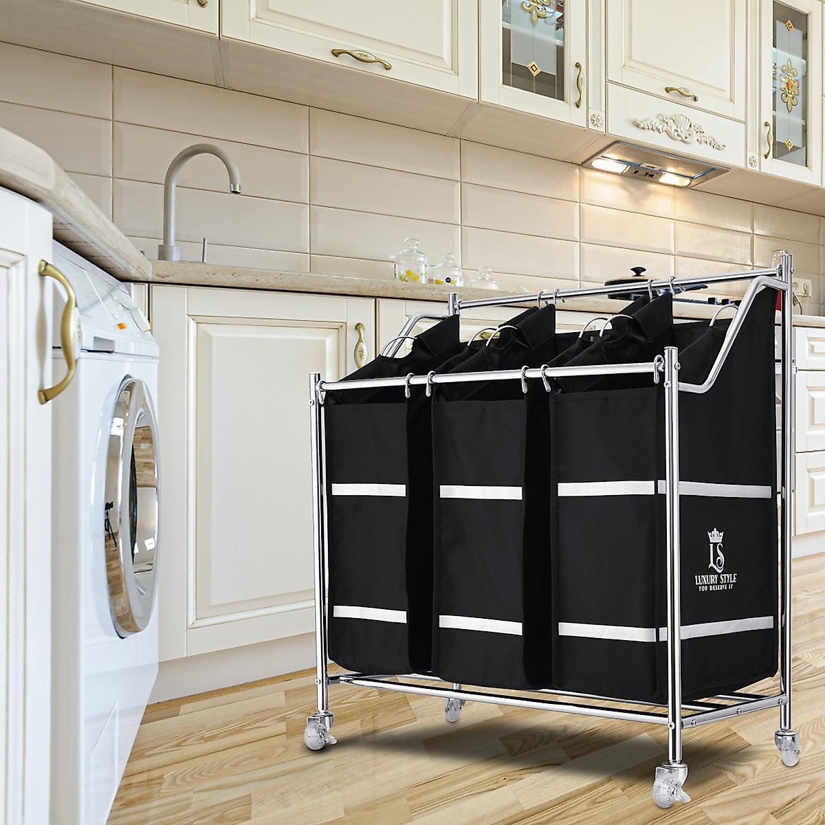 LUXURY STYLE 3- Sections Laundry Sorter, Roling Laundry Cart, Modern Golden Laundry Hamper, 3-Bags Laundry Hamper with Wheels, Laundry Basket, XL Hamper for Clothes, Toys, and Towels (Elegant Silver)