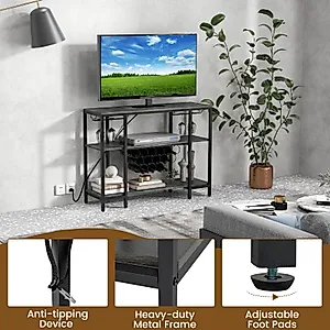 COSTWAY Wine Bar Cabinet, 3-Tier Home Mini Bar for Liquor w/Power Outlets, Glass Holder, Wine Rack, Anti-Tipping Kit, Metal Coffee Bar Table for Home Apartment Kitchen Living Room Pub (Black & Grey)