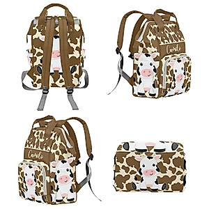 Cute Farm Cow White Brown Personalized Diaper Backpack with Name,Custom Travel DayPack for Nappy Mommy Nursing Baby Bag One Size