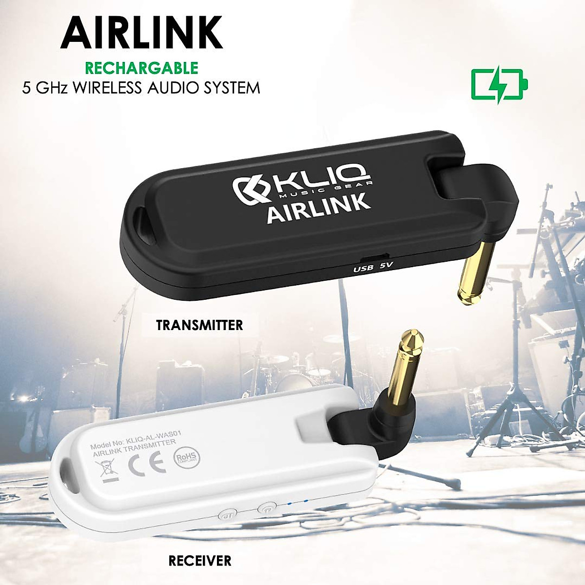 KLIQ Airlink 5.8 GHz Rechargeable Wireless Audio System designed for Electric Guitar, Bass and other Electric Instruments-Digital Transmitter/Receiver Set (5.8G Wireless)