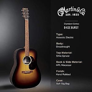 Martin Guitar X Series D-X2E Acoustic-Electric Guitar with Gig Bag, Sitka Spruce and KOA Pattern High-Pressure Laminate, D-14 Fret, Performing Artist Neck Shape Sunburst