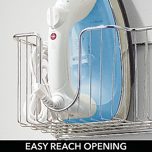 mDesign Metal Steel Ironing Board Holder Wall Mount with Large Storage Basket for Laundry Rooms - Holds Iron, Ironing Board, Spray Bottles, Starch, or Stain Sticks - Easy Installation - Chrome