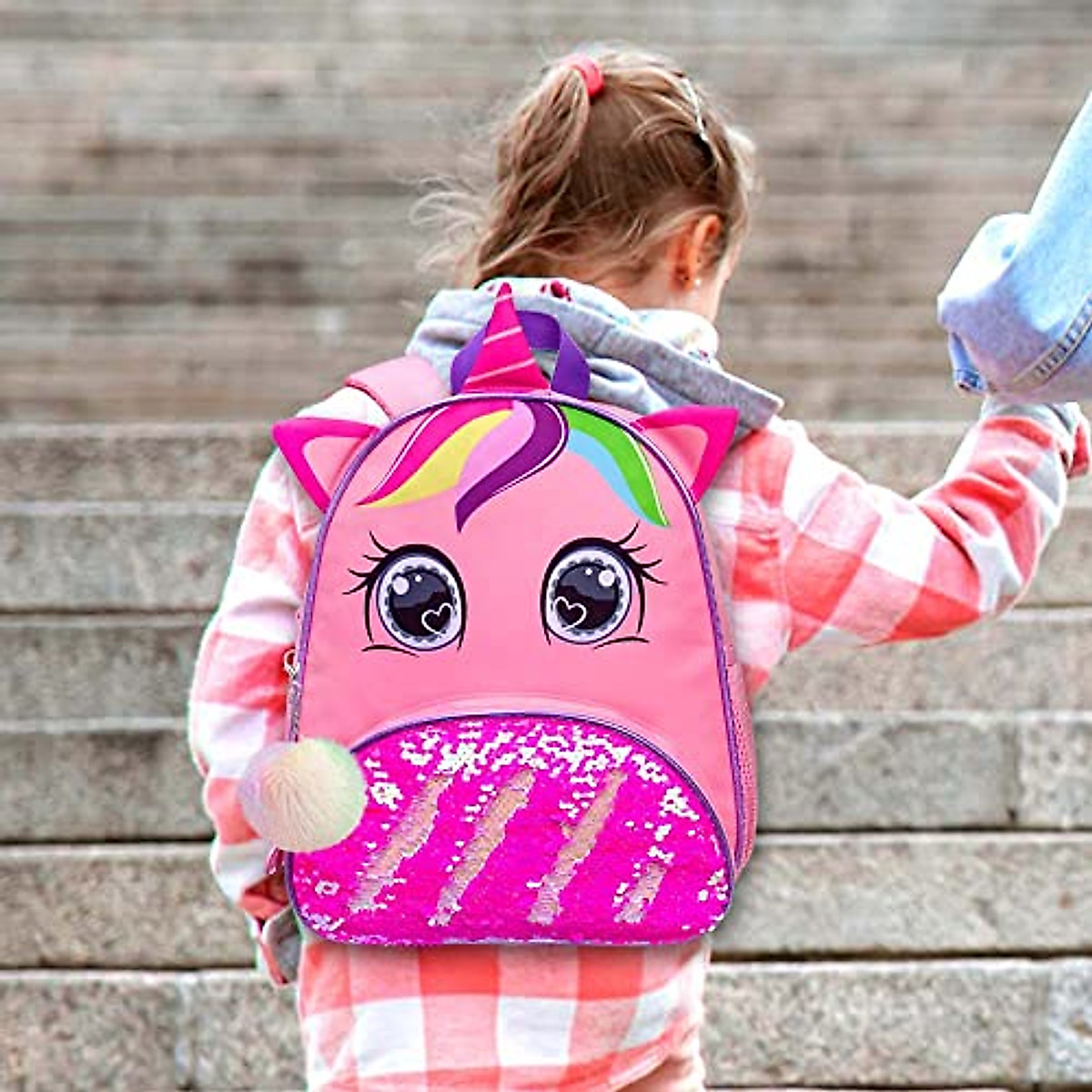UFNDC Toddler Backpack for Girls, 3pcs Unicorn Sequin Preschool Bookbag with Lunch Box,Cute Kindergarten School Bag
