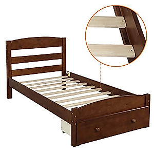 Platform Twin Bed Frame with Storage Drawer and Wood Slat Support No Box Spring Needed (Walnut)