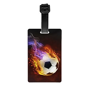 Soccer Ball Luggage Tags for Suitcases, Kids Sports Name Tags for Boys Girls for Backpack, Cool Small Bag Tag ID Identifier Label with Flame Pattern for Travel Bags