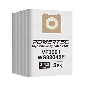 POWERTEC 75017 5PK, VF3501 Filter Bags for Ridgid/Workshop WS32045F 3-4.5 Gal Wet Dry Vacuum