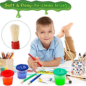 10 Pcs Children's No Spill Paint Cups Leakproof Paint Cups with Lids for Kids Toddlers and 10 Pieces Matching Colored Painting Round Brush Set Outdoor Art Supplies for Kids