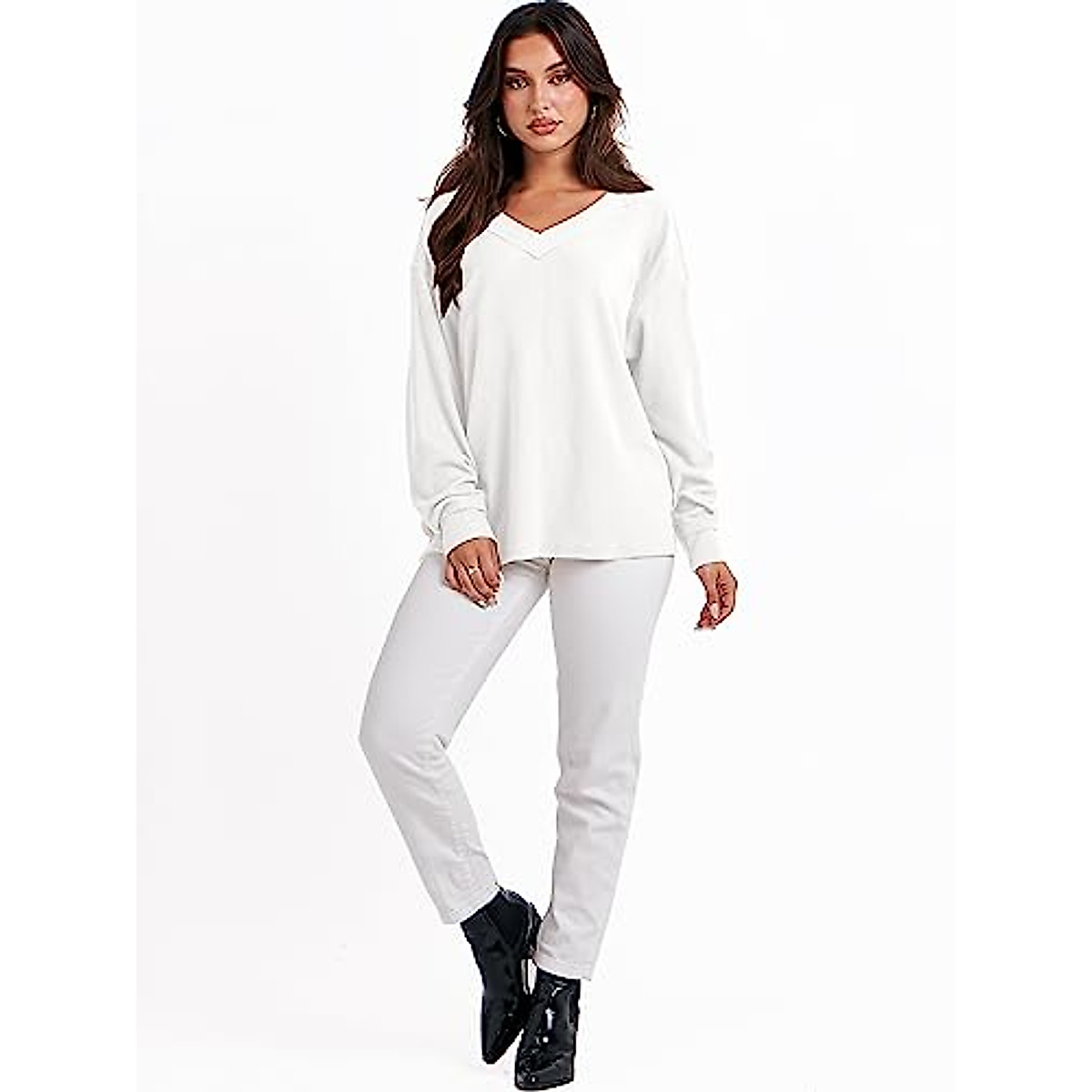 ANRABESS Women’s Casual Long Sleeve Sweatshirt V Neck Off Shoulder Shirt Loose Baggy Comfy Knit Pullover Sweaters Tunic Top 2023 Fall Clothes A1069baise-XL White