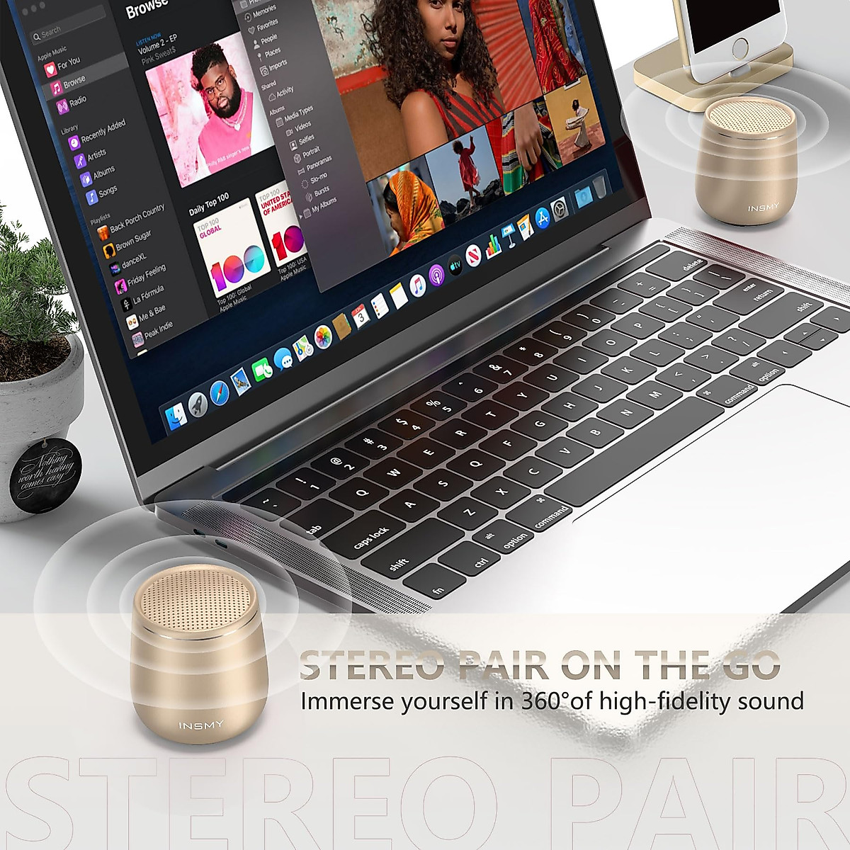 INSMY Small Bluetooth Speaker, Waterproof Mini Portable Wireless Speaker, Punchy Bass Rich Audio Stereo Pairing, Handheld Pocket Size,Built in Mic for Hiking Biking Gift Laptop Tablet (Gold)