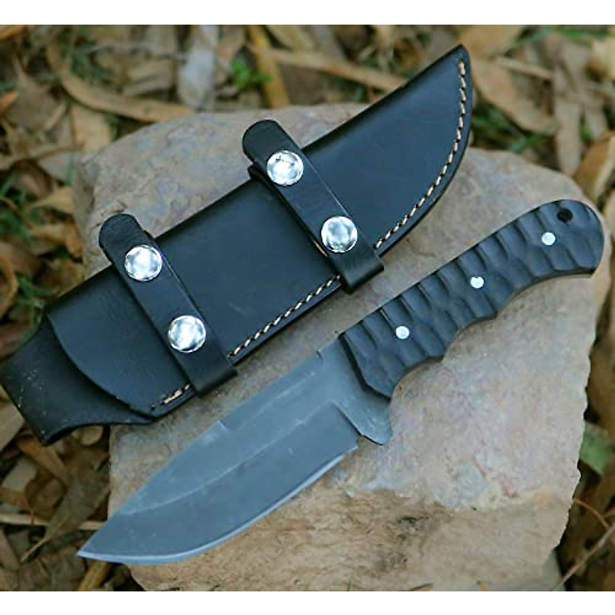 DNT BLADES Hunting knife with Sheath Acid Wash Camping fixed-Blade Knives Carbon Steel Survival Bushcraft knife with Micarta Handle