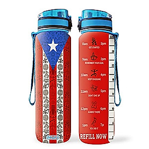 64HYDRO 32oz 1Liter Motivational Water Bottle with Time Marker, Puerto Rico Inspiration Motivation - HLZ1401005Z