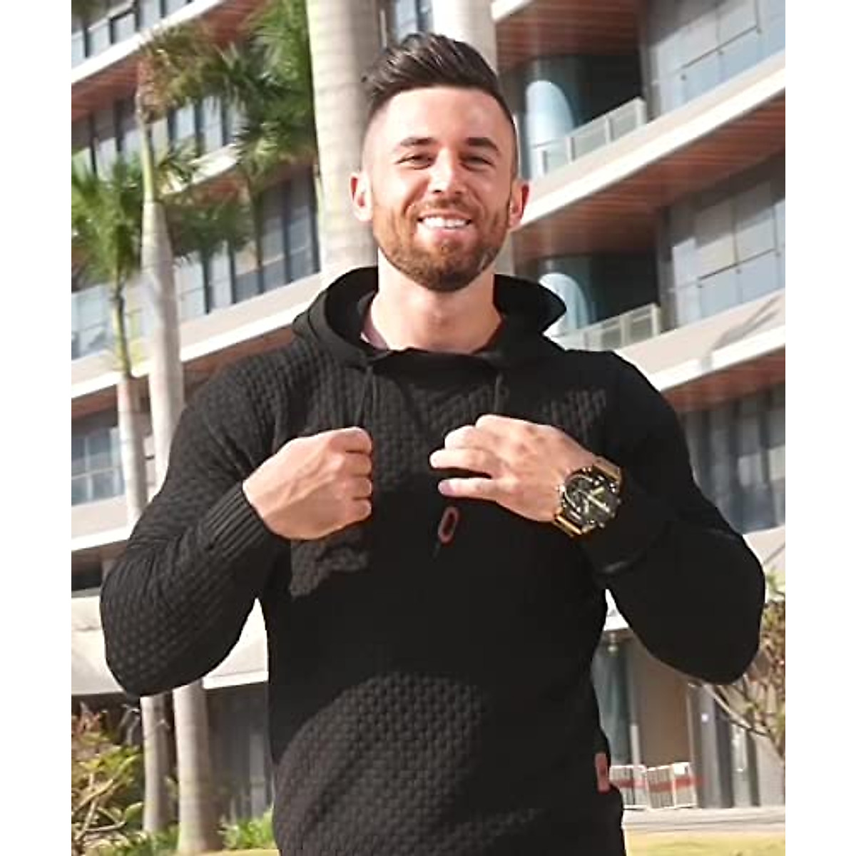 Zaitun Mens Hooded Sweatshirt Long Sleeve Solid Knitted Hoodie Pullover Sweater Black