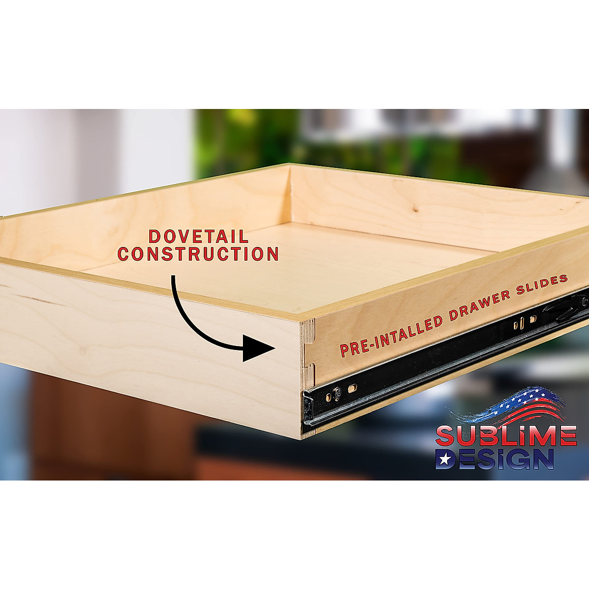 Sublime Design | Pull Out Tray | Bottom Mount | Baltic Birch Kitchen Cabinet Drawer | Slide Out Shelves | Roll Out Cabinet Organizer (20" Wide)