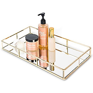 Houseables Mirror Tray, Gold Decorative Countertop, Mirrored Perfume Organizer, 16" x 9", Ornate Vanity Décor, Bathroom Accessories Plate, Jewelry Box, Makeup Holder, Coffee Table Catchall, Brass