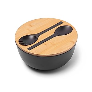 Bamboo Fiber Salad Bowl with Servers Set, 9.8 inches Large Solid Wooden Mixing Salad Bowls With Lid, Fiber Spoon and Fork for Serving for Pasta, Fruits, Vegetables(Black)