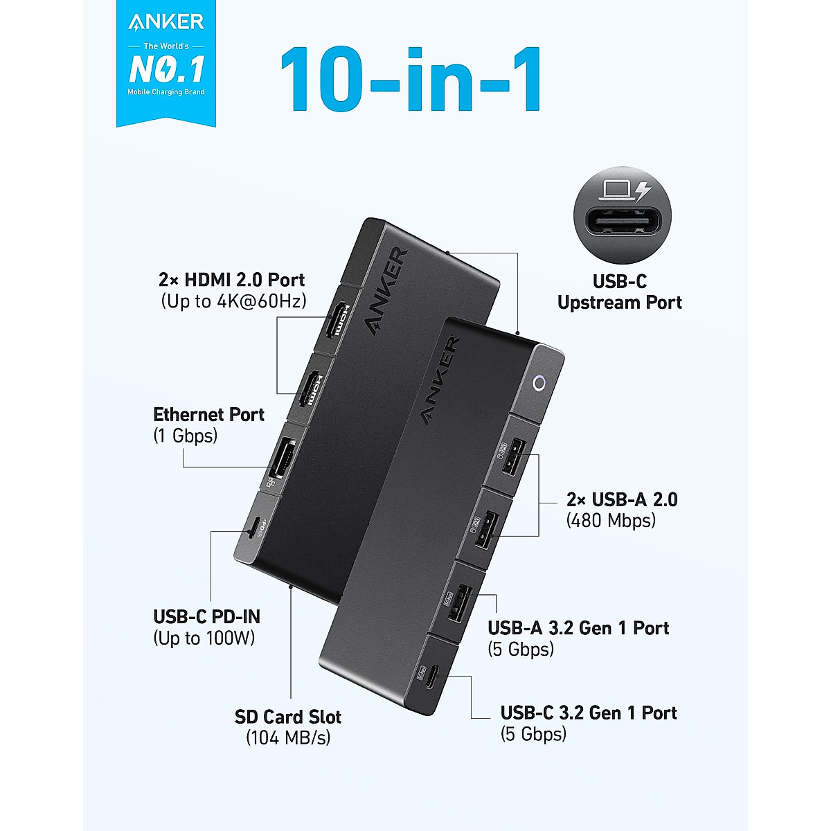 Anker 10-in-1 USB C Hub with 100W Power Delivery, Dual 4K HDMI, 4 USB-A/USB-C Ports, Ethernet, SD Card Slot for Laptops