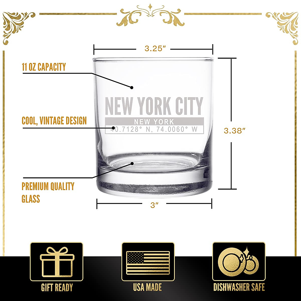 New York City Coordinate Whiskey Glass 11oz- Cool NYC Souvenir or gift for NY fan. Old Fashioned, Rocks Glass. I Love New York Souvenirs- Dishwasher Safe, Non-Toxic, Organic Ink Printed in USA