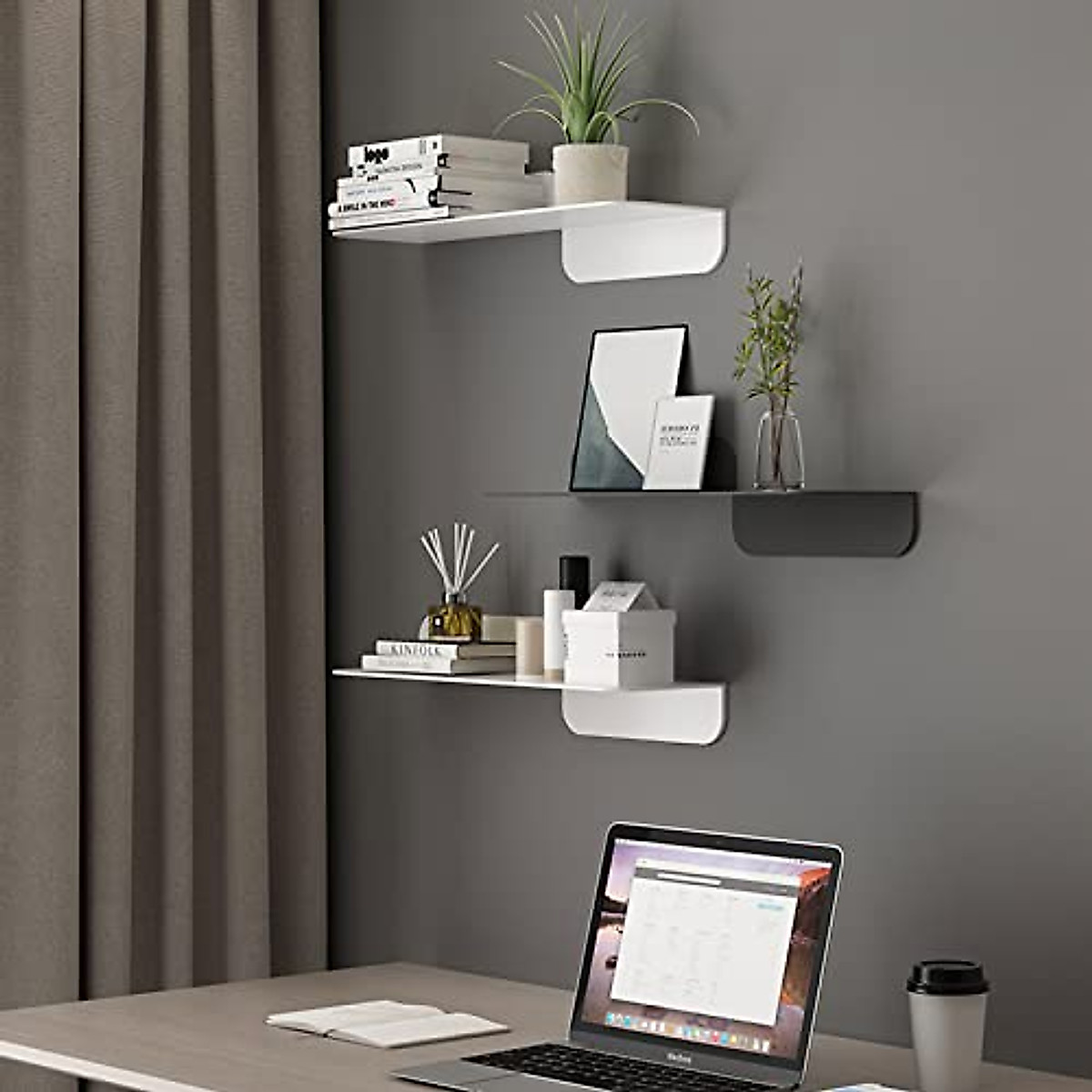 Nordic Style Wrought Iron Shelf on The Wall, Wall-Mounted Bookshelf, One-Word Storage Partition, Suitable for Living Room, Bedroom, Bathroom, Kitchen, Black