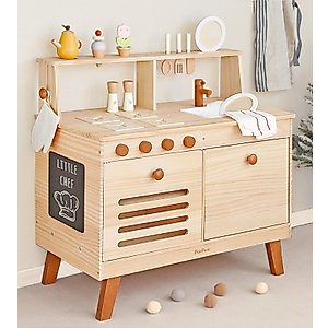 PairPear Kids Kitchen Playset,Wooden Toys Kitchen with Pretend Play Food Dishes and Sink,Toddler Play Kitchen Accessories Gift for Girls Boys Age 3+