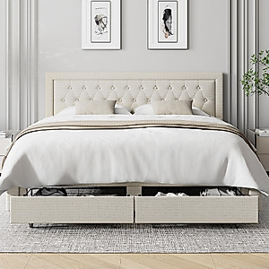 Keyluv Full Bed Frame with 2 Storage Drawers and Adjustable Headboard, High-End Fabric Platform Bed with Button Tufted, Wooden Slats No Box Spring Needed/Easy Assembly, Beige