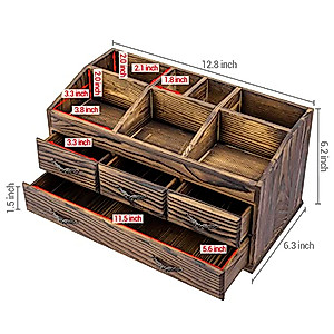 MyGift 7 Compartment Rustic Burnt Brown Wood Vanity Organizer Rack with 4 Storage Drawers for Jewelry, Perfume, Cosmetics and Hair Accessories