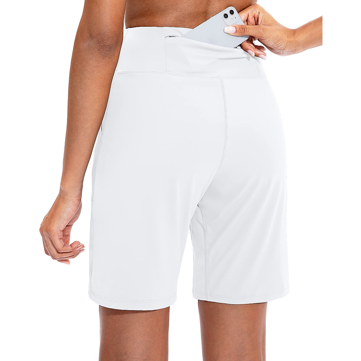 SANTINY Bermuda Shorts for Women with Zipper Pocket Womens High Waisted Long Shorts for Running Workout Athletic(White_S)