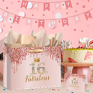 Yoirrat Rose Gold 16 & Fabulous 16th Birthday Gift Bag for Girls Large Pink Happy Sweet 16th Birthday Gift Bag with 16th Birthday Wrapping Paper Card for 16th Birthday Decorations Party Supplies