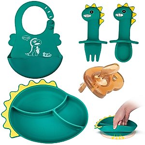 5 Pack Silicone Baby Feeding Set, 1 Pack Divided Toddler Suction Plates 1Pack Fork and Spoon with 1Pack Baby Bibs, Baby Led Weaning Supplies Baby Dishes Set Infant Self Feeding Eating Utensils - Green