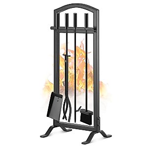 Gtongoko Fireplace Tools Set 5 Pcs 30 Inch Black Wrought Iron Large Fire Place Tool Set for Outdoor/Indoor Include Poker, Shovel, Brush, Tong and Stand, Fireplace Kit Accessories Set