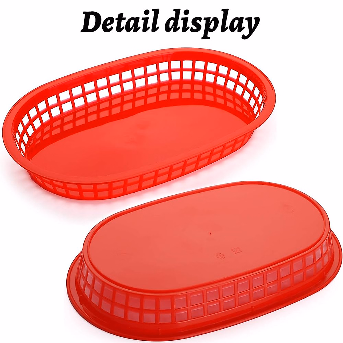 NDSWKR 40 Pack Fast Food Serving Baskets, 10.6 x 7 Inch Plastic Oval Food Baskets, Reusable Deli Baskets for Burgers, Sandwiches, Barbecues, Hot Dog, Chip, BBQ, Picnic, Party (Red)